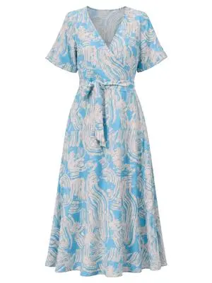 OH!ZUZA NIGHT&DAY Neutrals Echo Viscose Wrap Dress With Pockets Print - Blue