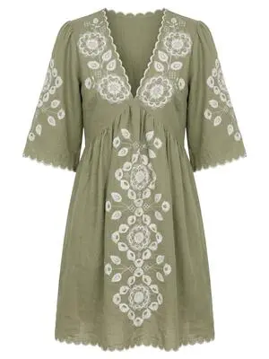 RAFFYA Arabella V- Neck Embroidered Mini Dress In Sage - Green