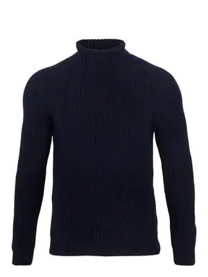 PAUL JAMES KNITWEAR Navy Cotton Fisherman Rib Knit Roll Neck Jumper - Blue