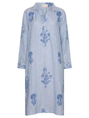 NOLOGO-CHIC Tourist Hand Printed Stripe Linen Tunic Dress And White - Blue