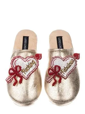 LAINES LONDON Softie Slippers With Heart Brooches - Gold