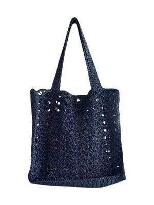 SPRINGMOONATELIER Luxury Midnight Handmade Raffia Tote Bag – Large Crochet Shoulder Bag With Floral Motif - Black