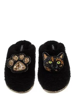 LAINES LONDON Teddy Towelling Slippers With Cat And Paw Brooches - Black