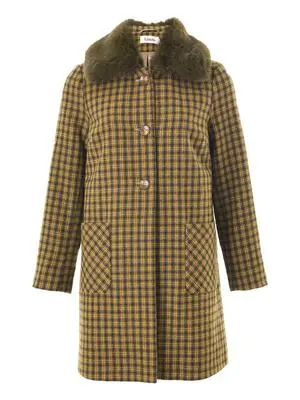 LOUCHE Dryden Wyoming Check Faux Fur Collar Coat - Mustard Yellow