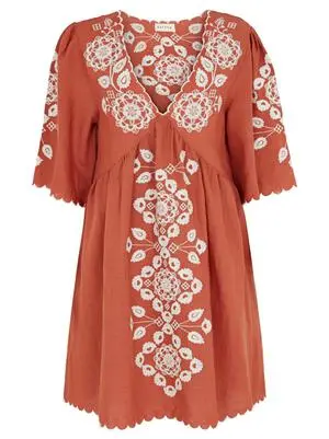 RAFFYA Arabella Linen With White Embroidered Mini Dress - Brown