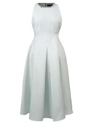 SMART AND JOY Fit-and-flare Collar Trim Textured Jacquard Dress Mint - Blue