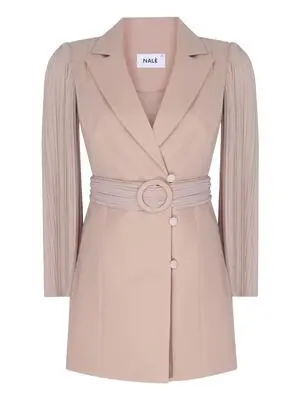 NALÈ Pleated Sleeves Blazer With Detachable Belt & Palazzo Wide Leg Trouser Suit - Brown