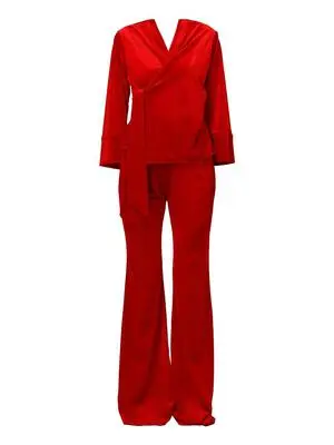 LIA ARAM Two-piece Draped Velvet Suit Red
