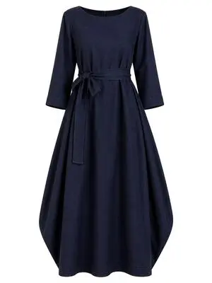 NIKKA PLACE Maxi Linen Kaftan Dress With Tie And Bracelet Sleeves In Dark - Blue