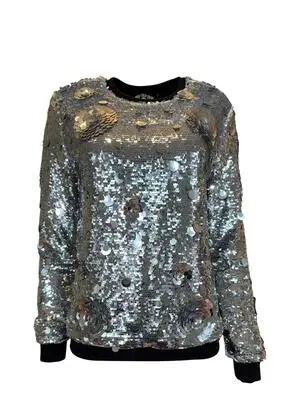 ANY OLD IRON Silver And Black Sequin Sweatshirt With Floral Embellishments - Silver/black