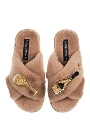 LAINES LONDON / Neutrals Classic Laines Slippers With Ace Of Champagne Brooches - Toffee Brown