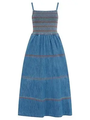 SUGARHILL BRIGHTON Murren Shirred Midi Dress Washed Denim - Blue