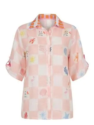 Loveist Store Angel Summer Tiles Statet Print Short Sleeve Shirt - Pink