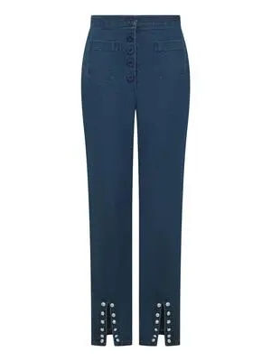 K-WIN LONDON High-waisted Denim Jeans With Pearl Embellished Slits - Blue