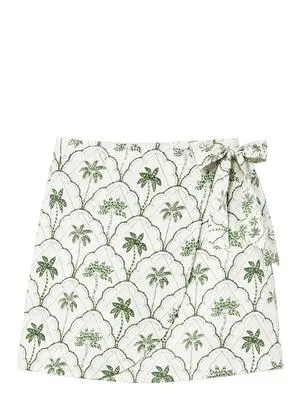 YUMI Palm Print Cotton Wrap Skirt - White