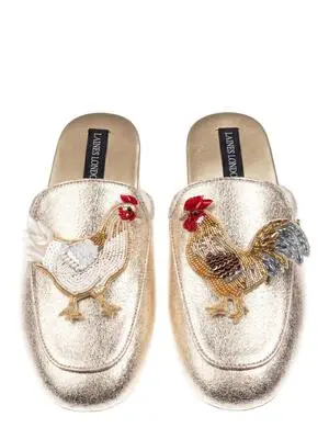 LAINES LONDON Classic Mules With Chicken & Rooster Brooches - Gold