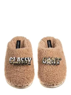 LAINES LONDON Neutrals Teddy Closed Toe Slippers With Classy Cunt Brooches Toffee - Brown