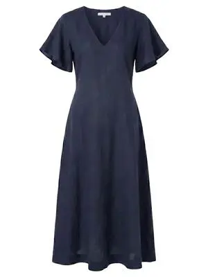 Adrift Clothing Tatum Linen Flutter Sleeve Dress In Navy - Blue