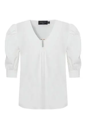 EXQUISE Regular Puff Sleeve Poplin Keyhole Blouse - White