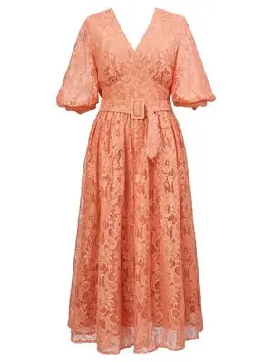 SMART AND JOY All-lace Puffy Sleeves Dress With Belt Apricot - Orange