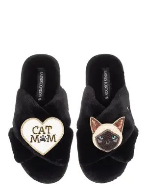 LAINES LONDON Classic Slippers With Cat Mum And Siamese Cat Brooches - Black