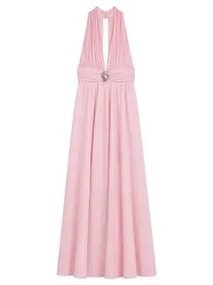 NOCTURNE Pleated Halterneck Maxi Dress With Brooch Detail - Pink