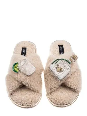 LAINES LONDON Neutrals Laines Neutral Boucle Slippers With Agave Tequila Brooches Oatmeal - Brown