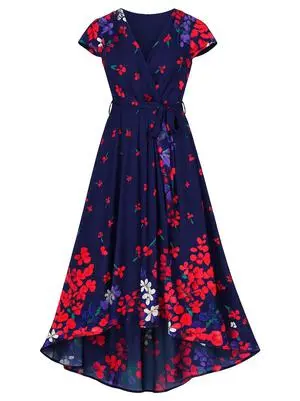 YUMI Navy Floral Mirror Wrap Dress With Dip Hem - Blue