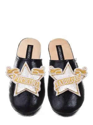 LAINES LONDON Softie Slippers With Fucking Fabulous White Star Brooches - Black