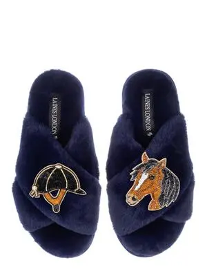 LAINES LONDON Embellished Faux Fur Cross Strap Slippers - Blue