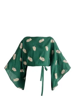 PAISIE Leaf Embroidered Kimono Sleeves Top - Green