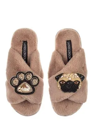 LAINES LONDON Embellished Faux Fur Slippers - Brown