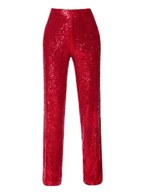 AGGI BY HALEWSKI Luca Brilliant Ruby High Waist Sequin Pants Long - Red