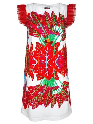 LALIPOP DESIGN Mini Dress With Red Leaves Print - White