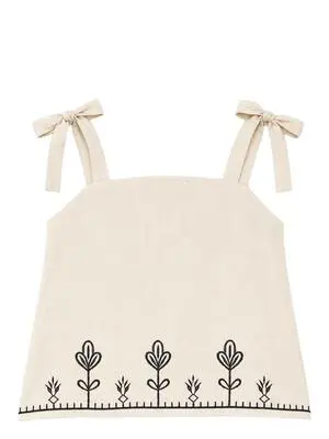 YUMI Neutrals Ivory Linen Mix Embroirdered Top - White