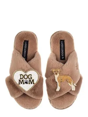 LAINES LONDON Laines London Embellished Faux Fur Slippers With Italian Greyhound Brooches Brown