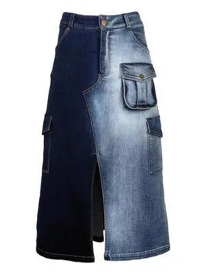 LALIPOP DESIGN A Line Cargo Pocket Midi Denim Skirt - Blue