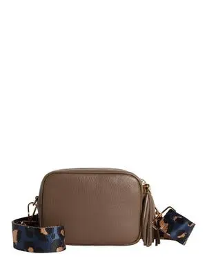 BETSY & FLOSS Verona Crossbody Dark Taupe Tassel Bag With Dark Blue Leopard Strap - Brown