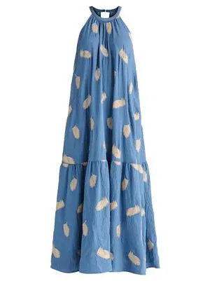 PAISIE Leaf Embroidered Halterneck Maxi Dress - Blue