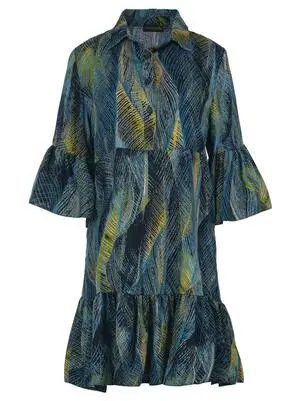 CONQUISTA Azure Feather Print Viscose Dress - Blue