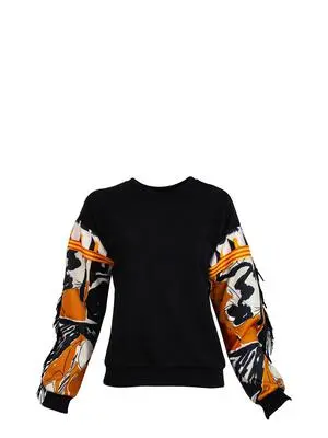 LALIPOP DESIGN Sweatshirt With Printed Sleeves & Suede Fringe Details - Black