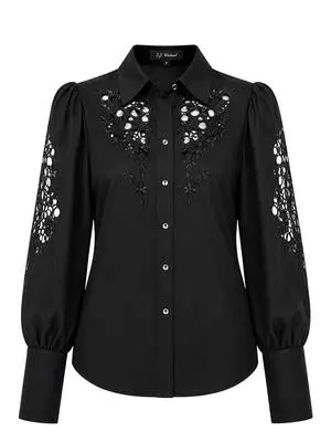 SMART AND JOY Embroidered Organza Blouse - Black