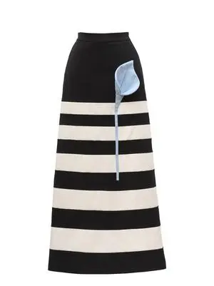 JULIA ALLERT Black / White Contemporary Striped A-line Skirt, Floral Detail– Black-white - Black/white