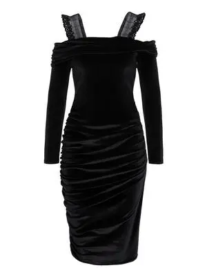 CONCEPT A TROIS Velvet Bodycon Dress With Lace Shoulder Detail - Black