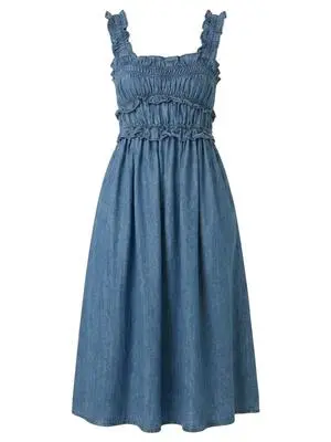 MODENAIRE Smocked Midi Dress Soft Gathered Form - Blue
