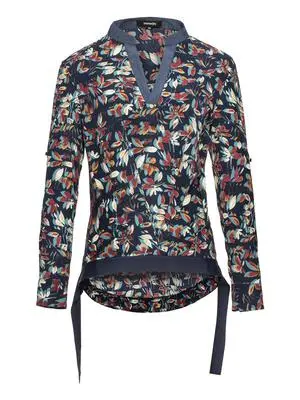SMART AND JOY Leaves Print V-neck Blouse - Blue