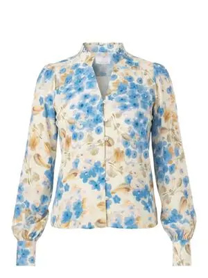 FRANCHETTI BOND Filide Pansies Ruffle Neck Blouse Blue