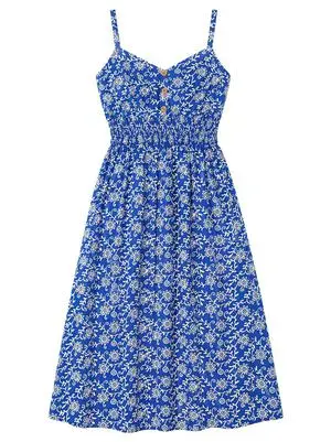 YUMI Block Print Midi Sun Dress With Button Details - Blue