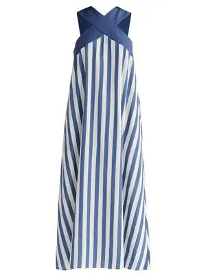 PAISIE Cross Strap Halterneck Maxi Dress In And White - Blue