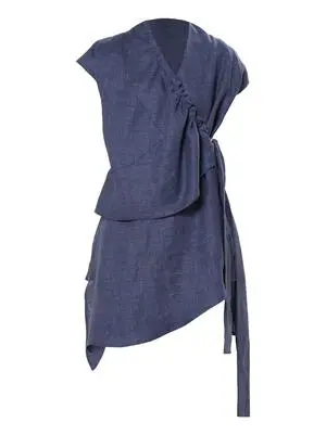 METAMORPHOZA Linen Denim Tunic With Draped Collar - Blue